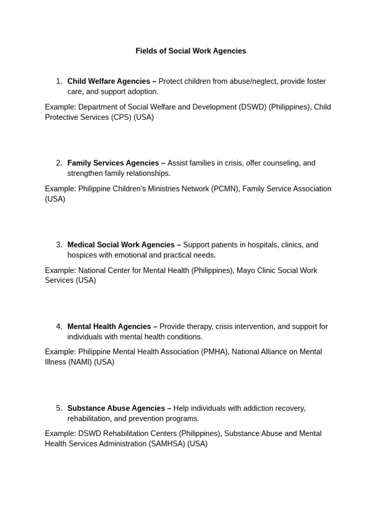 Fields of Social Work Agencies | PDF | Social Work | Mental Health
