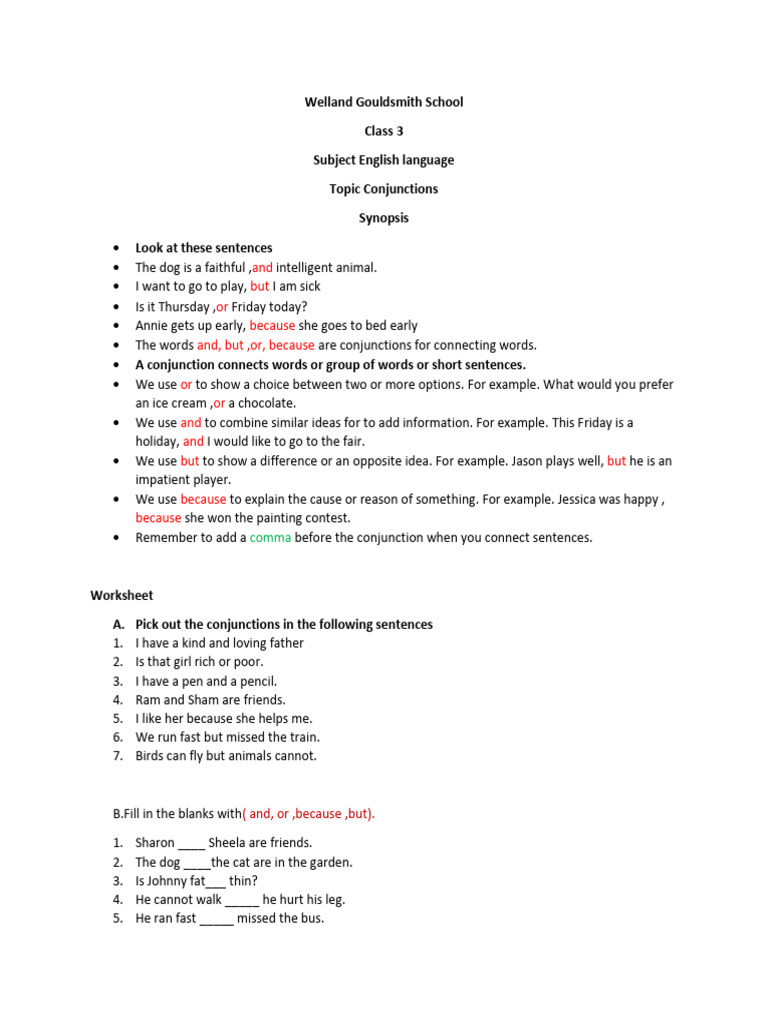 Conjunctions Worksheet for Class 3 English | PDF