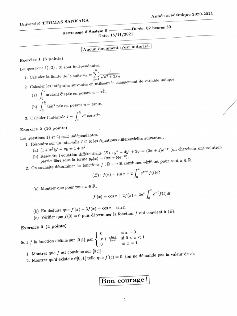 CORRECTION TD ANALYSE II RATTRAPAGE S2 | PDF