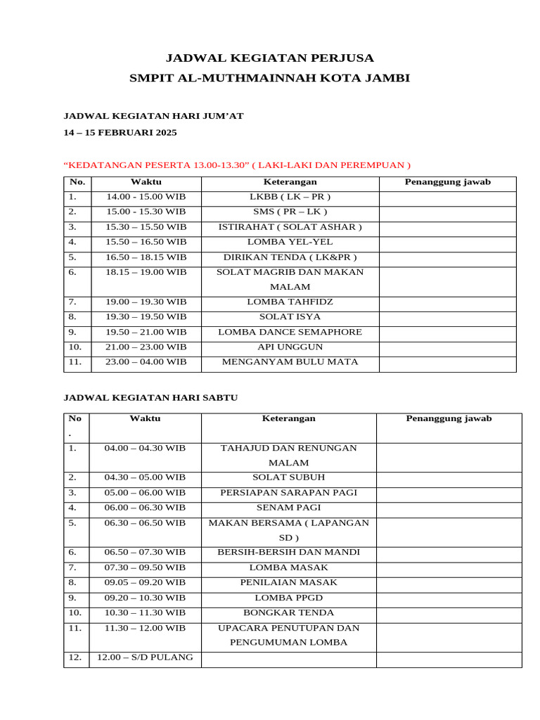 Jadwal Kegiatan Perjusa | PDF