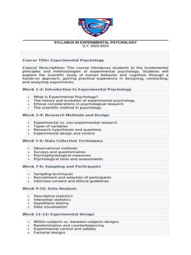 Syllabus in Experimental Psychology | PDF | Experiment | Experimental ...