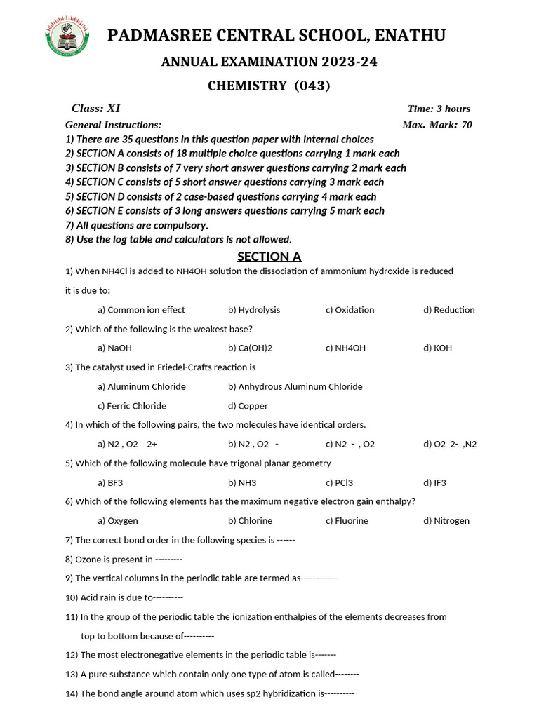 Class 11 Chemistry Final Exam Paper | PDF | Atoms | Thermodynamics
