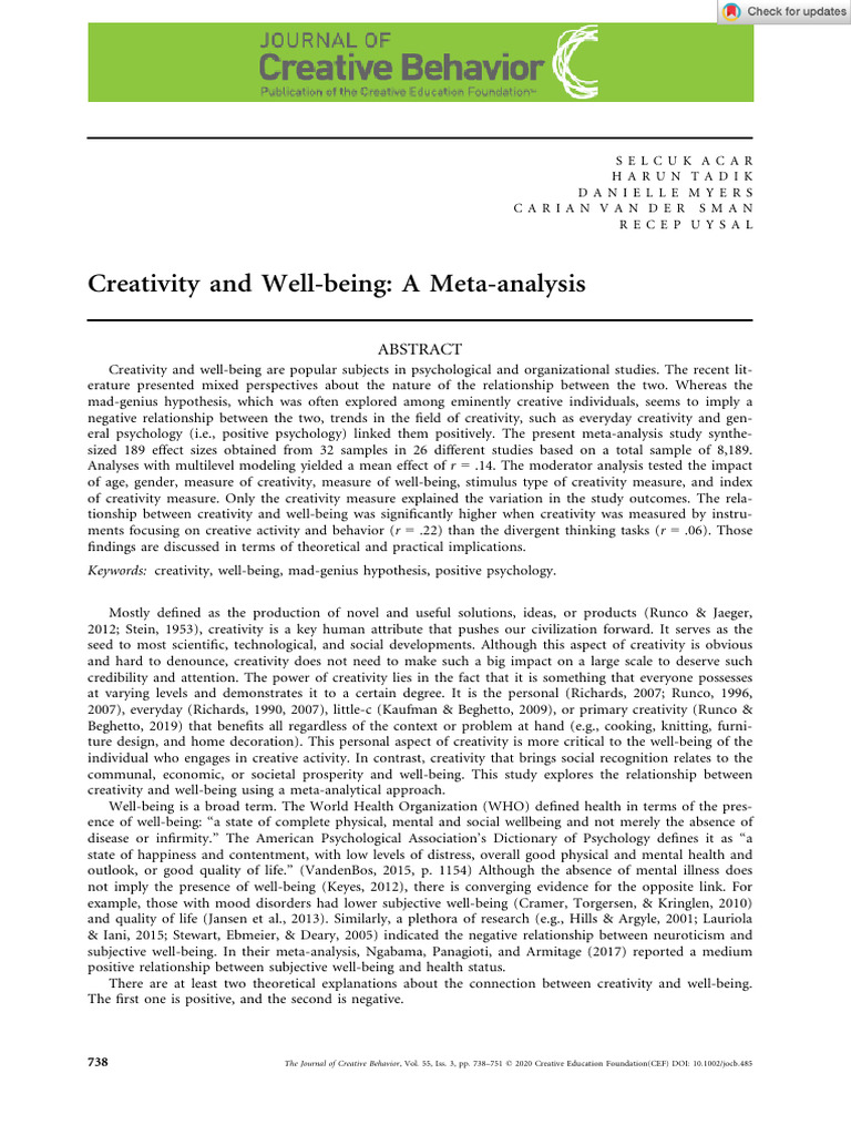 Journal of Creative Behavior - 2020 - Acar - Creativity and Well‐being ...