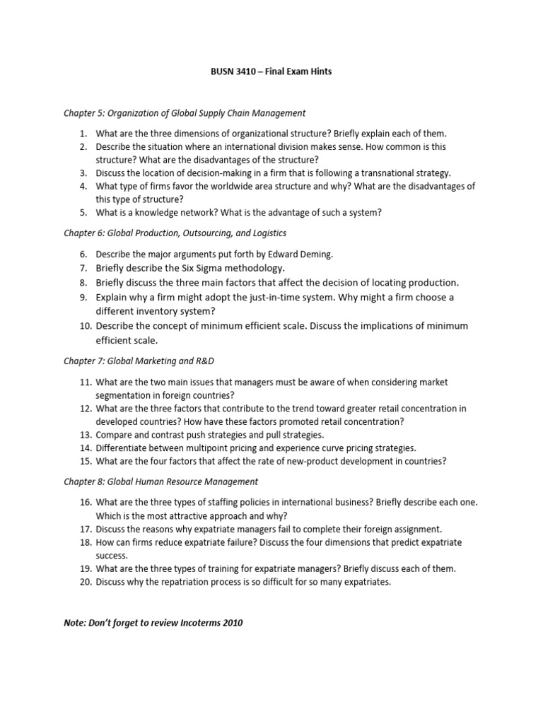 BUSN 3410 - Final Exam Hints | PDF