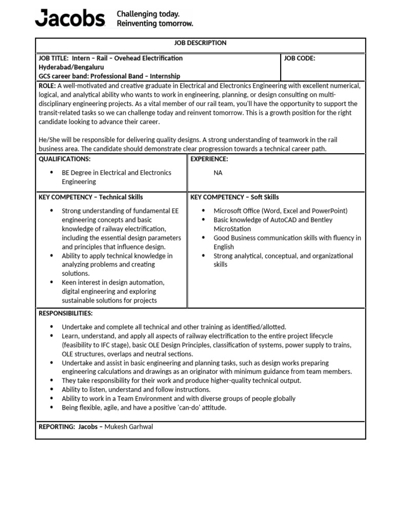JD-Rail - Overhead Line Electrification (OLE) - Intern | PDF | Engineering | Skill