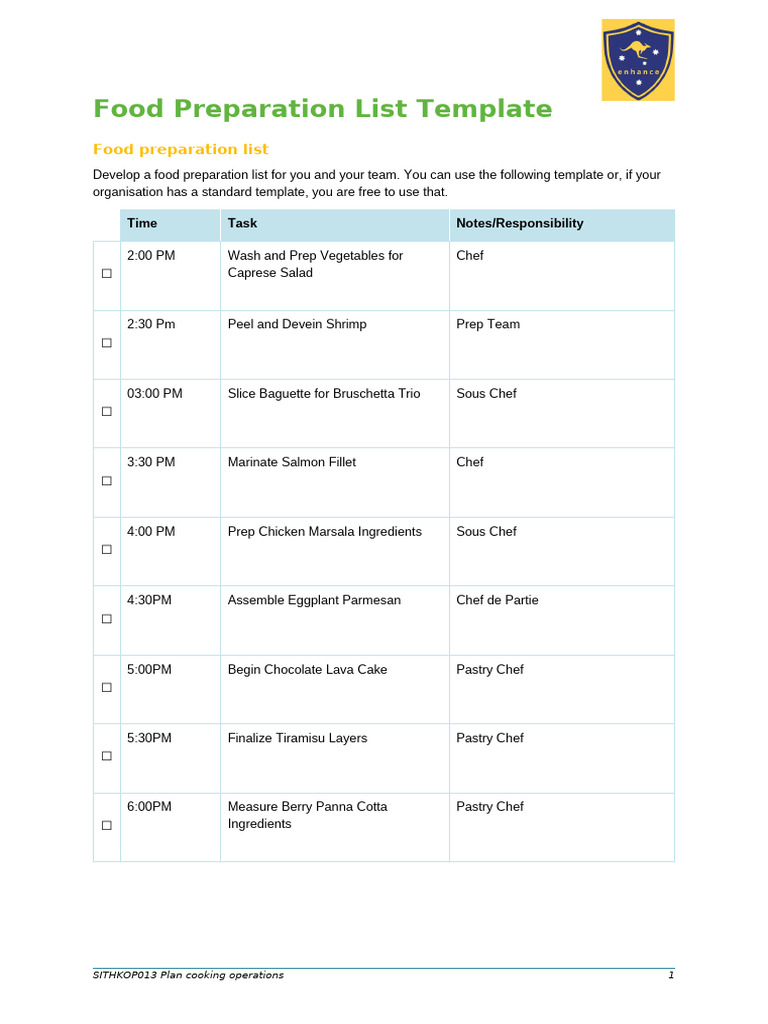 Food Preparation List Template Guide | PDF