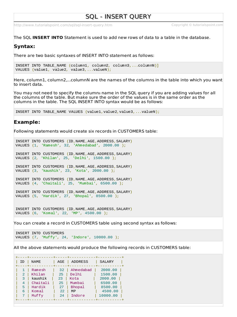 SQL Insert Query | PDF | Table (Database) | Sql SQL Insert Query | PDF | Table (Database) | Sql