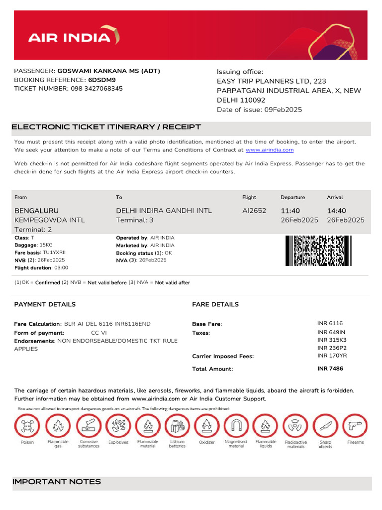Air India Web Booking Eticket | PDF