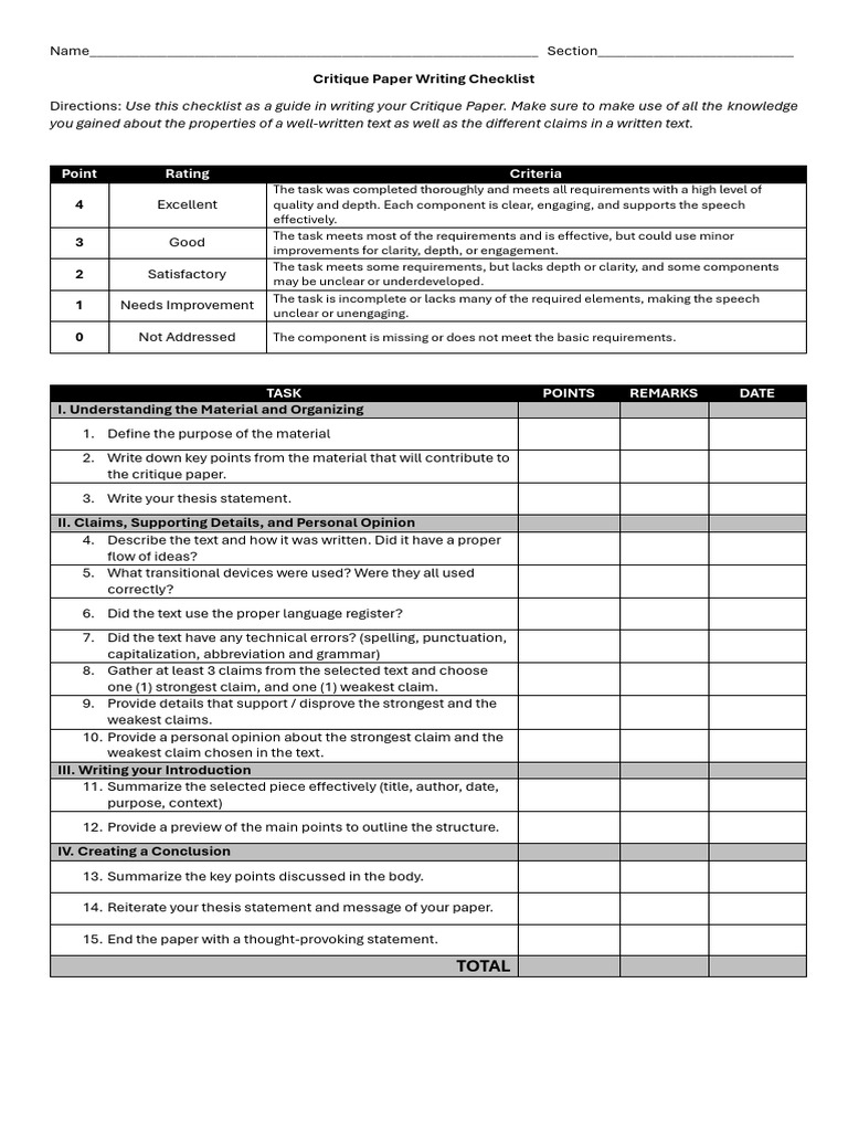 Checklist For Wiriting A Critique Paper | PDF | Argument
