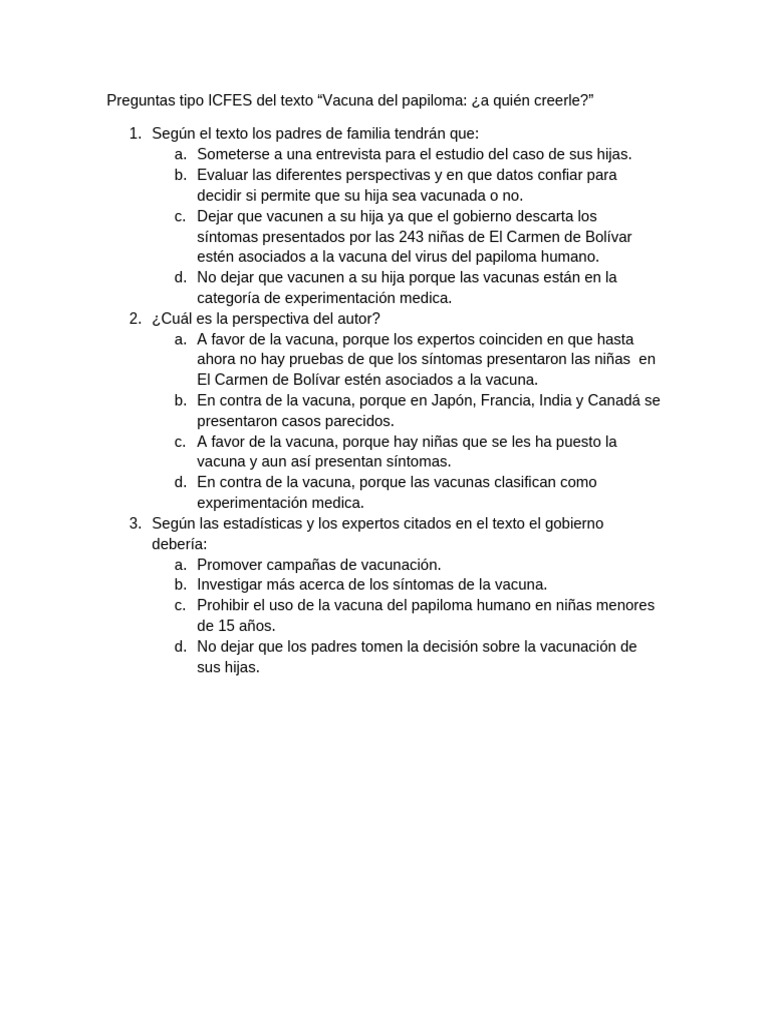 Preguntas tipo ICFES del texto | PDF