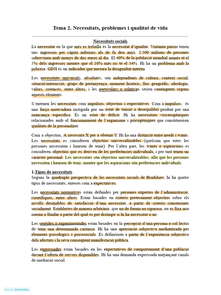 Tema 2. Necessitats, problemes i qualitat de vida | PDF