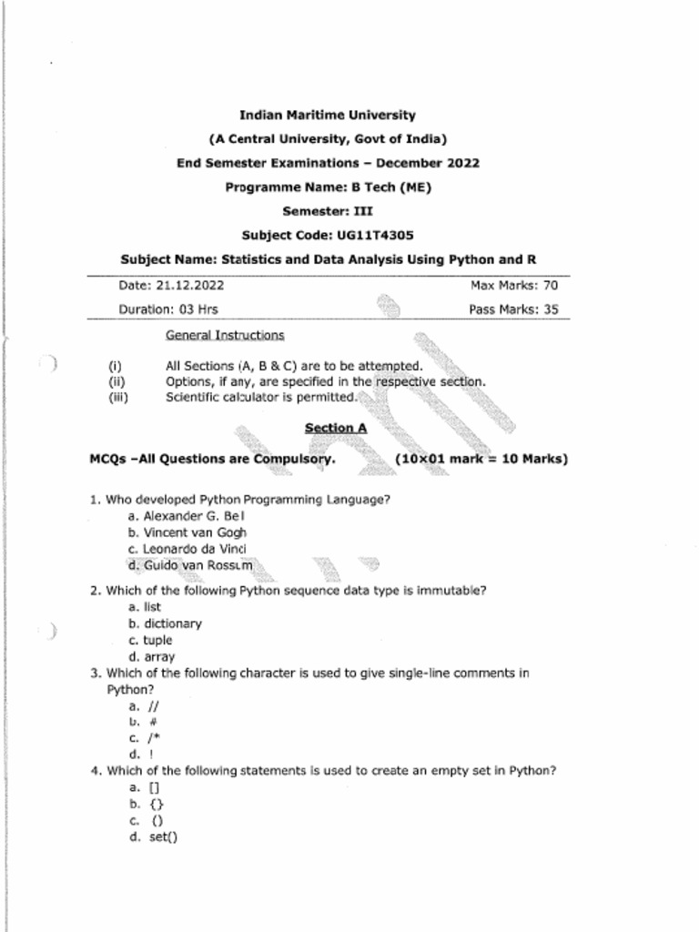 Dec22 - UG11T4305 - Statistics and Data Analysis Using Python and R | PDF