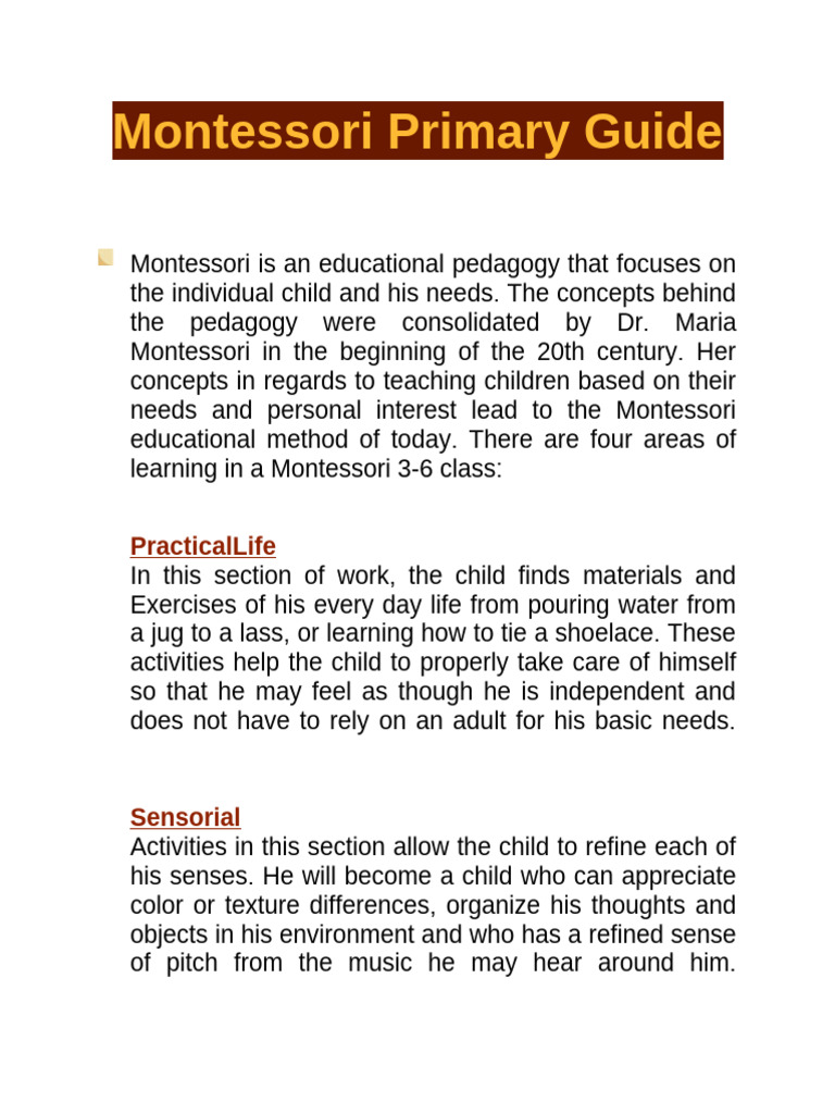 Montessori Primary Education Overview | PDF | Montessori Education | Chair