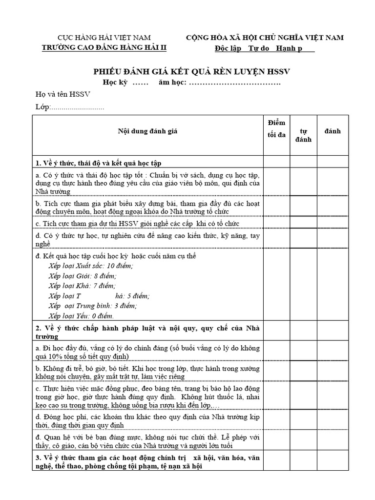 Phieu Tu Danh Gia KQ Ren Luyen HSSV | PDF
