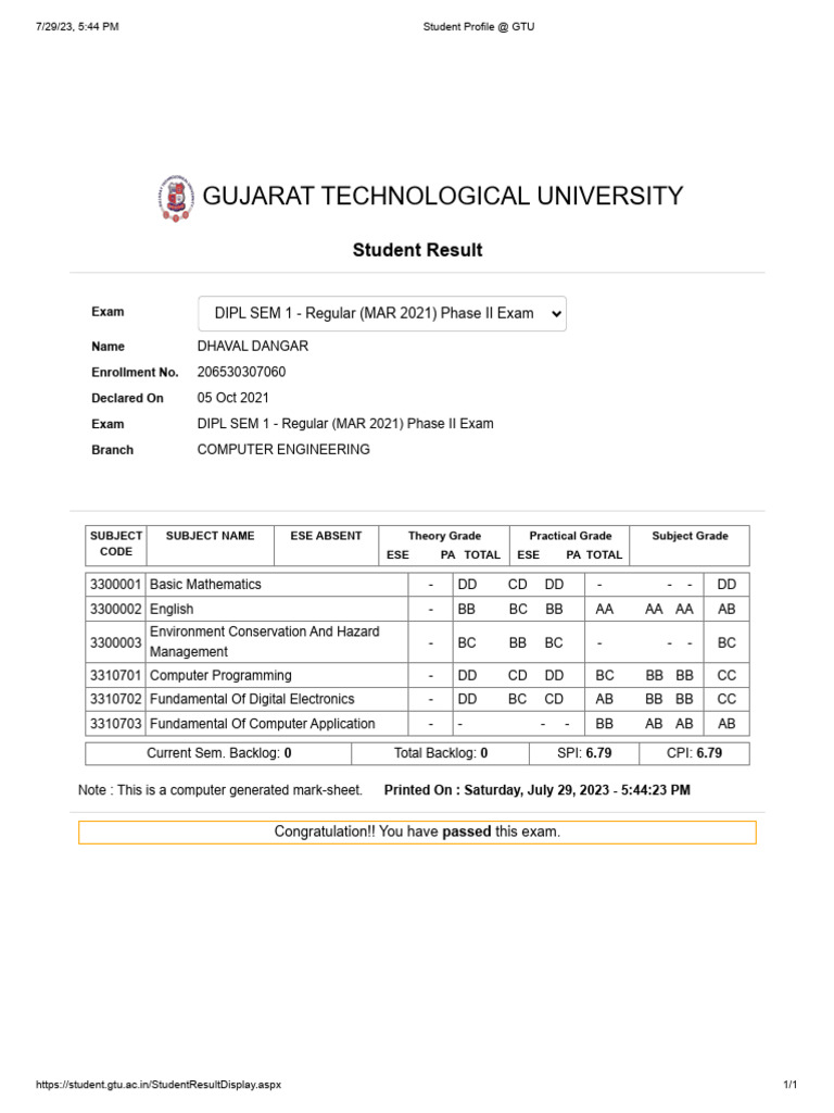 Student Profile at GTU | PDF