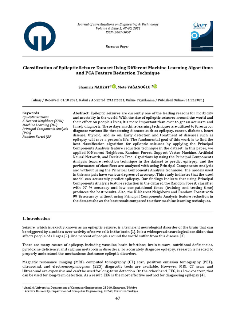 Classification Of Epileptic Seizure Dataset Using Different Machine Learning Algorithms And Pca