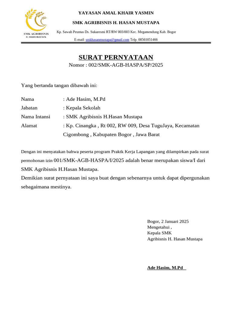 Surat Pernyataan Siswa SMK Agribisnis | PDF