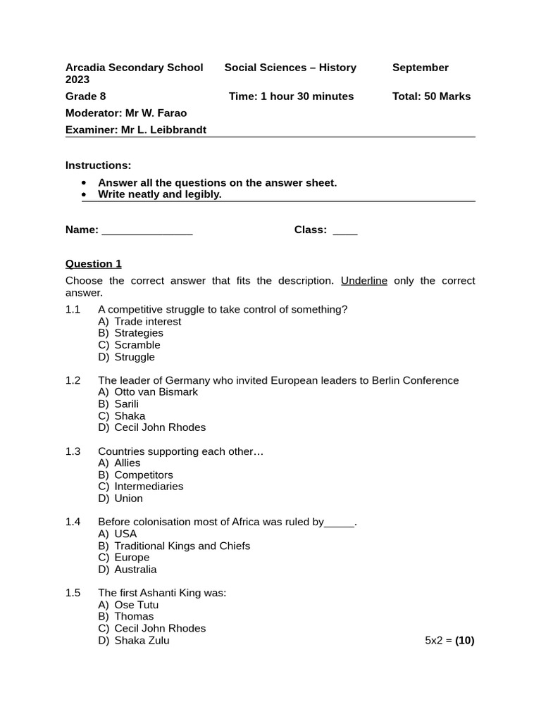 Grade 8 September SS History Test | PDF