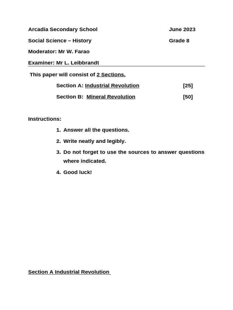 Grade 8 History Exam: Industrial & Mineral Revolutions | PDF ...
