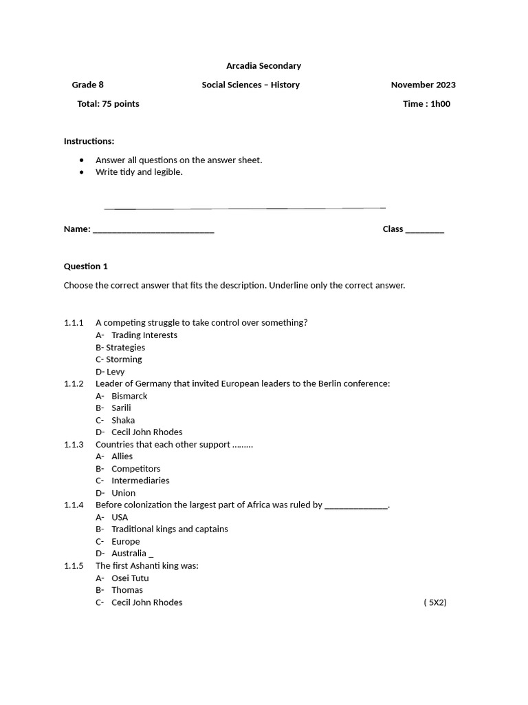 Grade 8 History Exam: Industrial Revolution | PDF | Economies