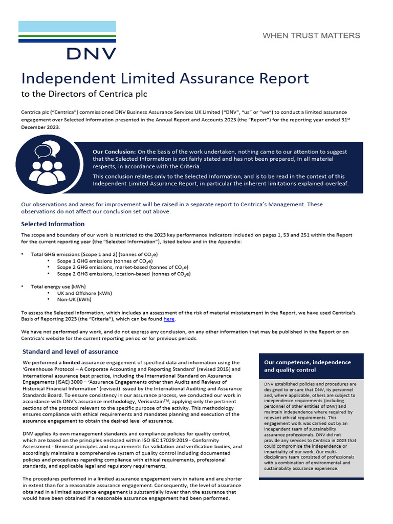 Centricaplc DNV Independent Assurance Report 2023 | PDF | Audit | Business