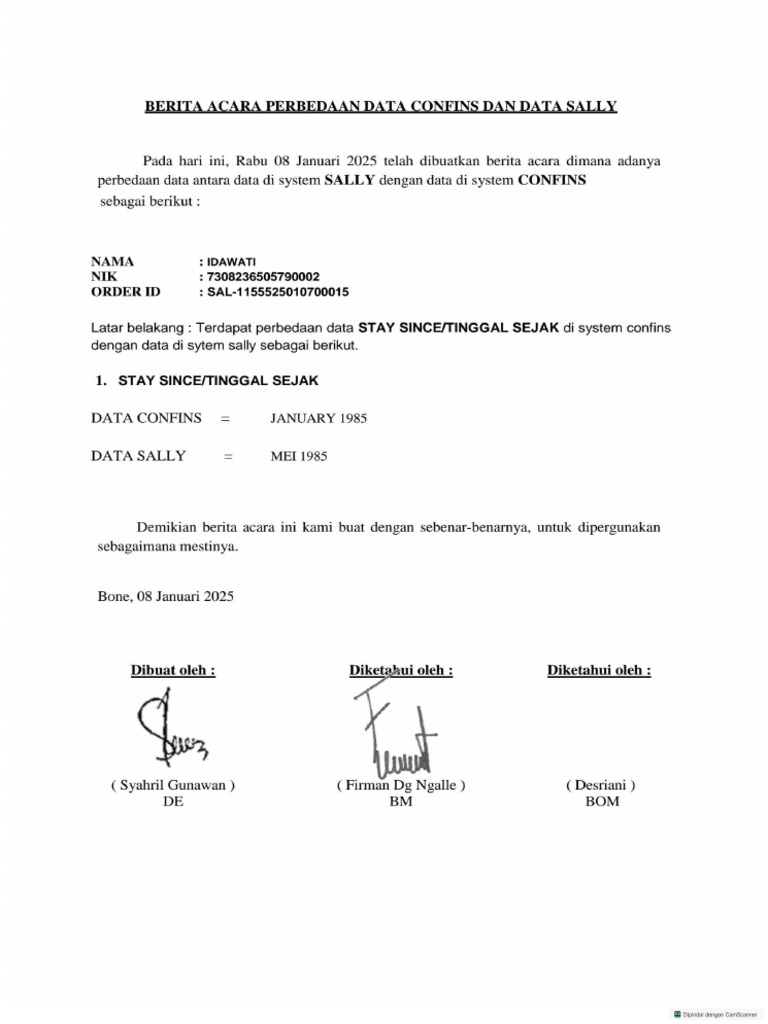 Berita Acara Perbedaan Data Sally Dan Confins Idawati-Digabungkan-1 | PDF