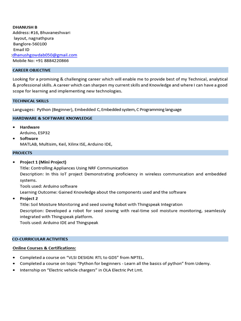Dhanush B: Electronics Engineer Resume | PDF