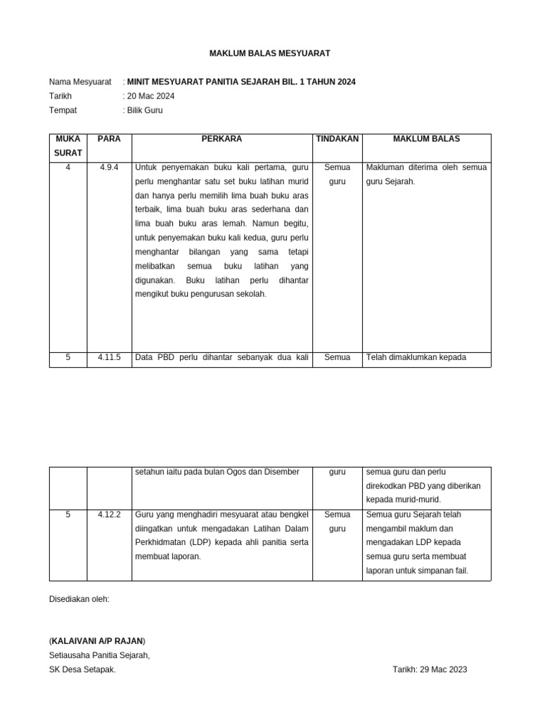 Maklum Balas Mesyuarat | PDF