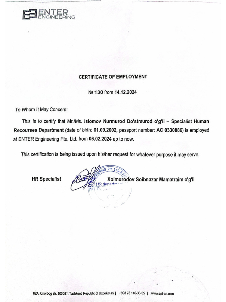 Employment Certificate | PDF