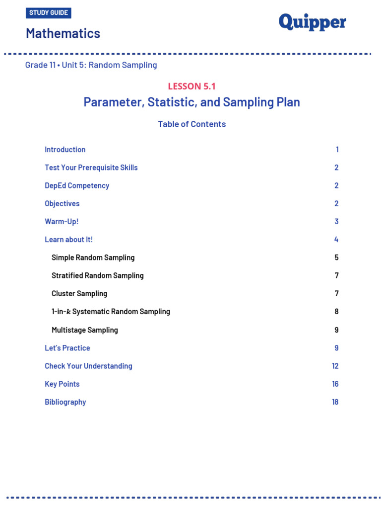 ME-SP-11-Q3-0501-SG-Parameter-Statistic-and-Sampling-Plan | PDF | Sampling (Statistics) | Statistics