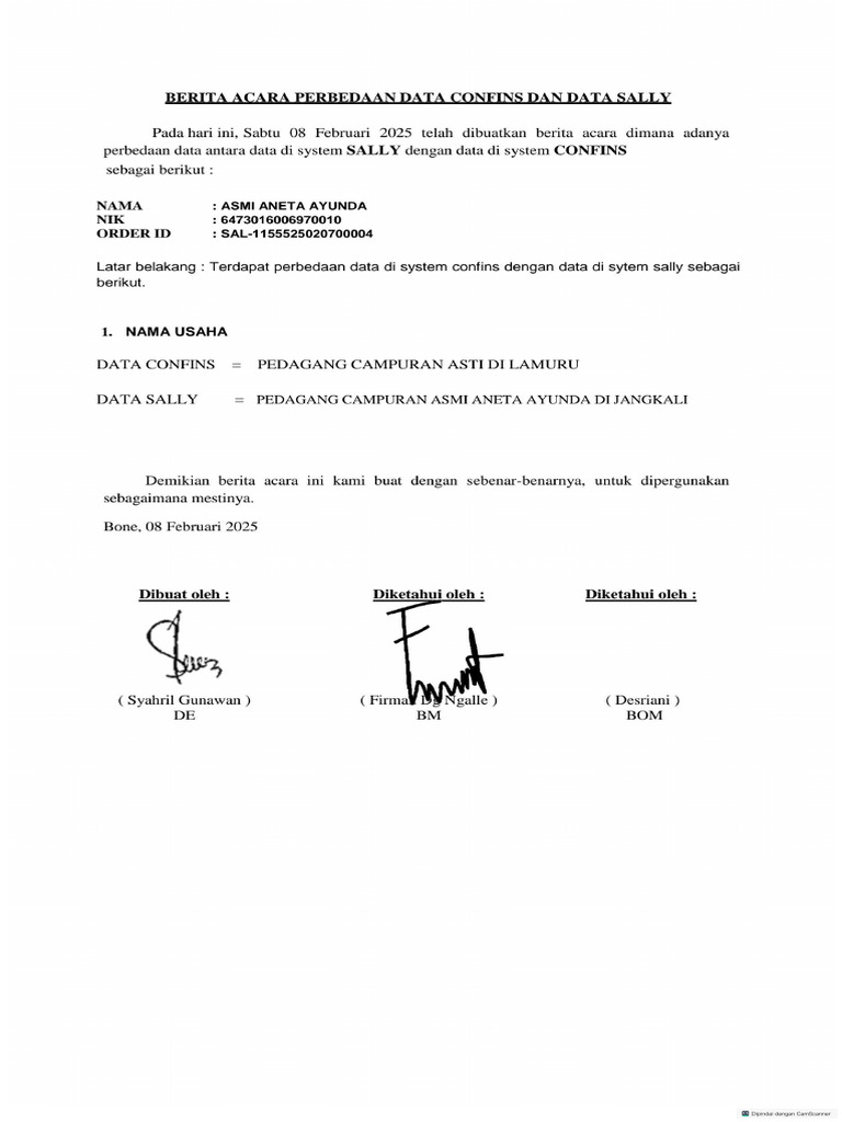 BERITA ACARA PERBEDAAN DATA SALLY DAN CONFINS ASMI ANETA AYUNDA-digabungkan-1 | PDF