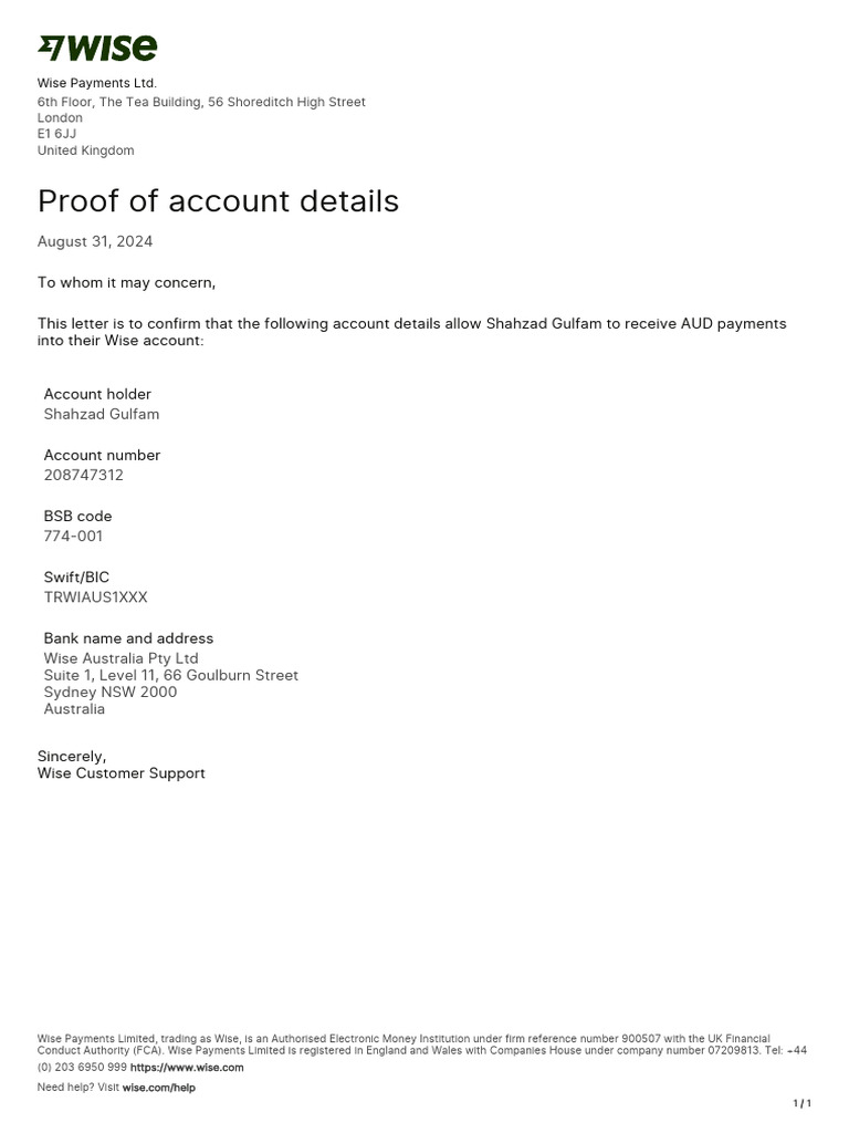 Wise Australia Account Confirmation | PDF