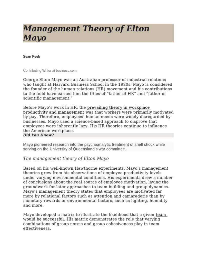 Elton Mayo's Management Theory Explained | PDF | Motivational | Motivation