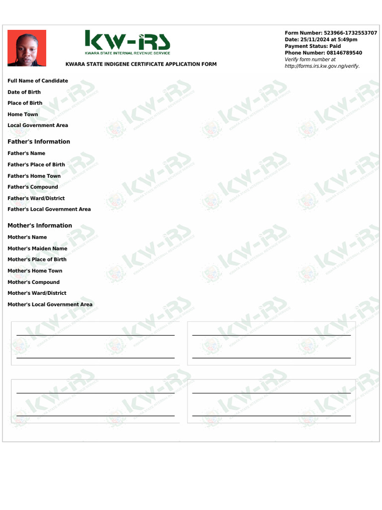 Kwara State Indigene Certificate Form | PDF