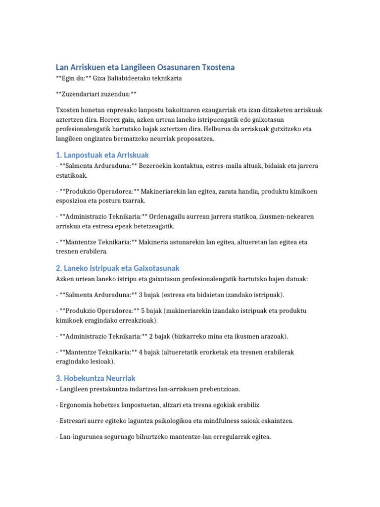 Lan Arriskuak Osasun Txostena | PDF