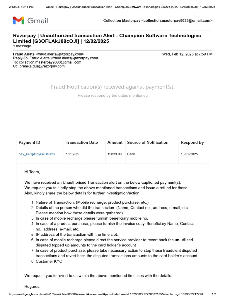 Unauthorized Transaction Alert: Champion Software | PDF