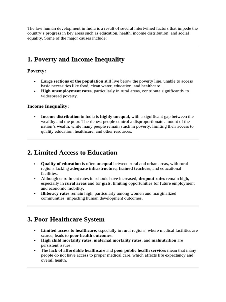 The Low Human Development in India Is A Result of Several Intertwined Factors That Impede The ...