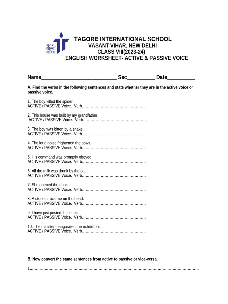 Class VIII Active & Passive Voice Worksheet | PDF