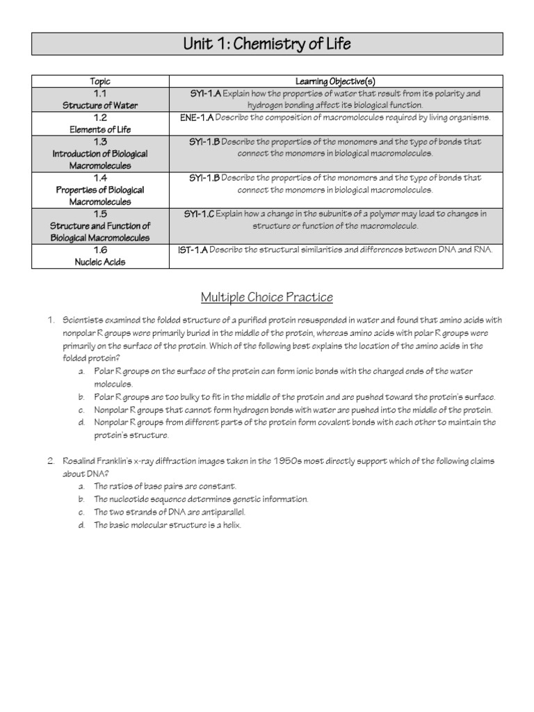 Unit 1 Multiple Choice Practice 1 | PDF | Macromolecules | Chemical Polarity
