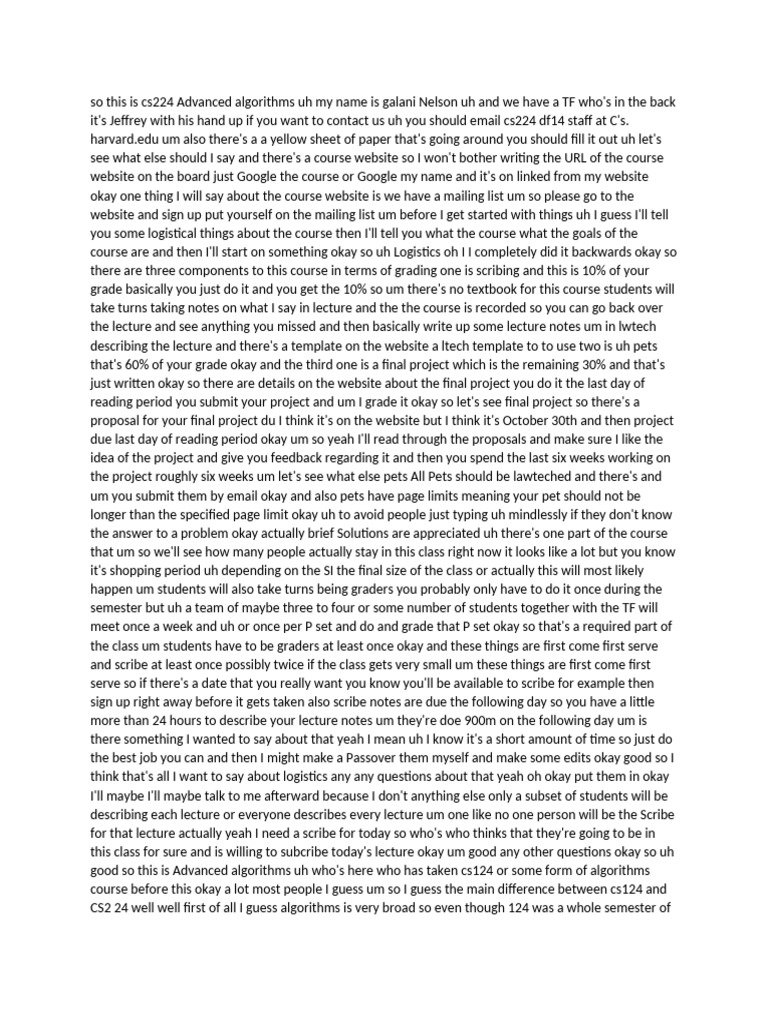 So This Is cs224 Advanced Algorithms Uh My Name Is Galani Nelson Uh and We Have A TF Who | PDF ...
