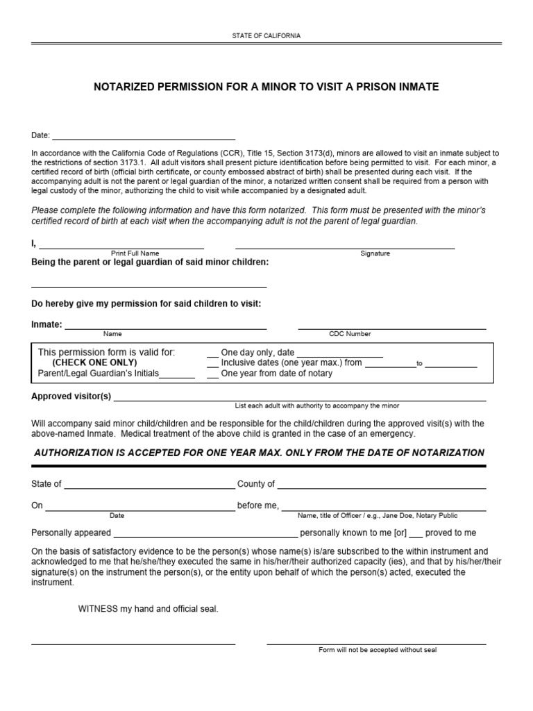 Minor Prison Visit Consent Form | PDF | Notary Public | Legal Guardian