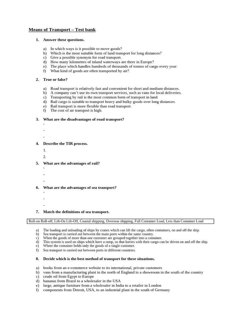Means of Transport - Testbank | PDF | Transport | Cargo