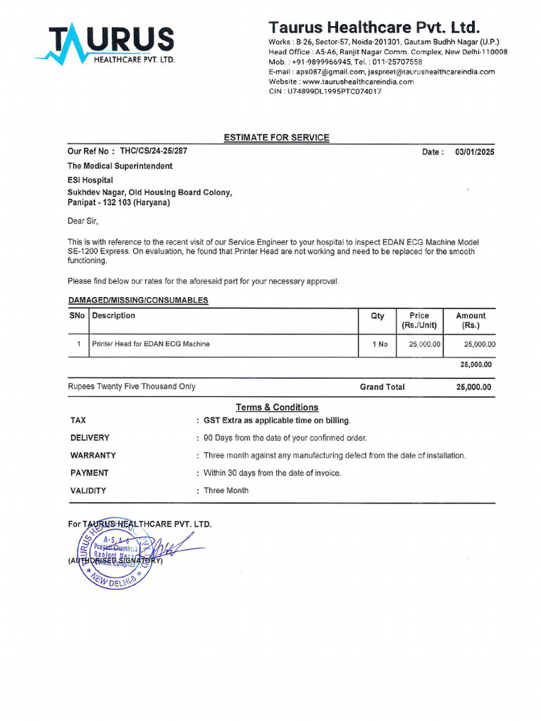 Estimate of Printer Head For ECG Machine (ESI Hospital Panipat) | PDF