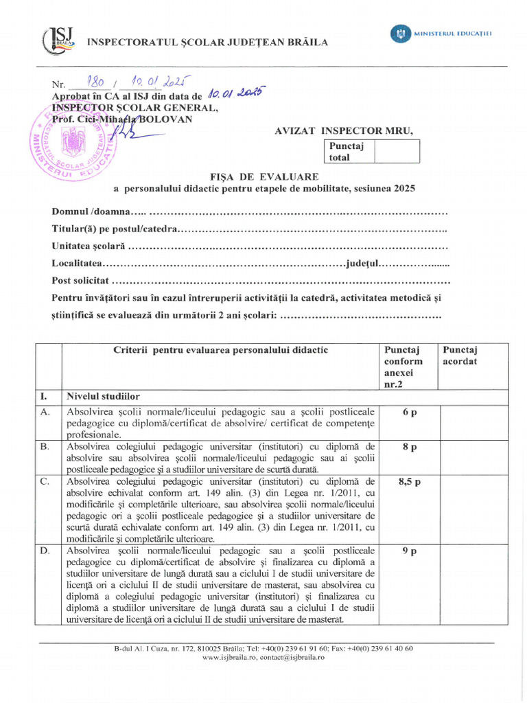 Fisa de Evaluare Mobilitate - 2025 | PDF