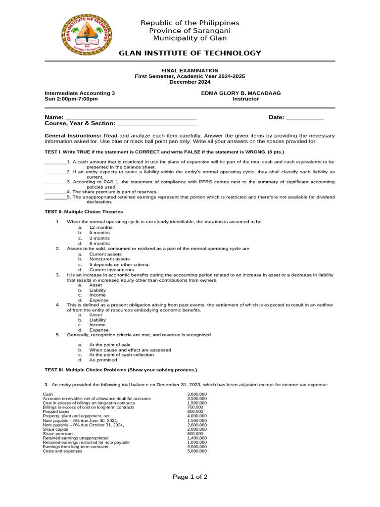 Intermediate Acc 3 Final Exam | PDF | Expense | Taxes