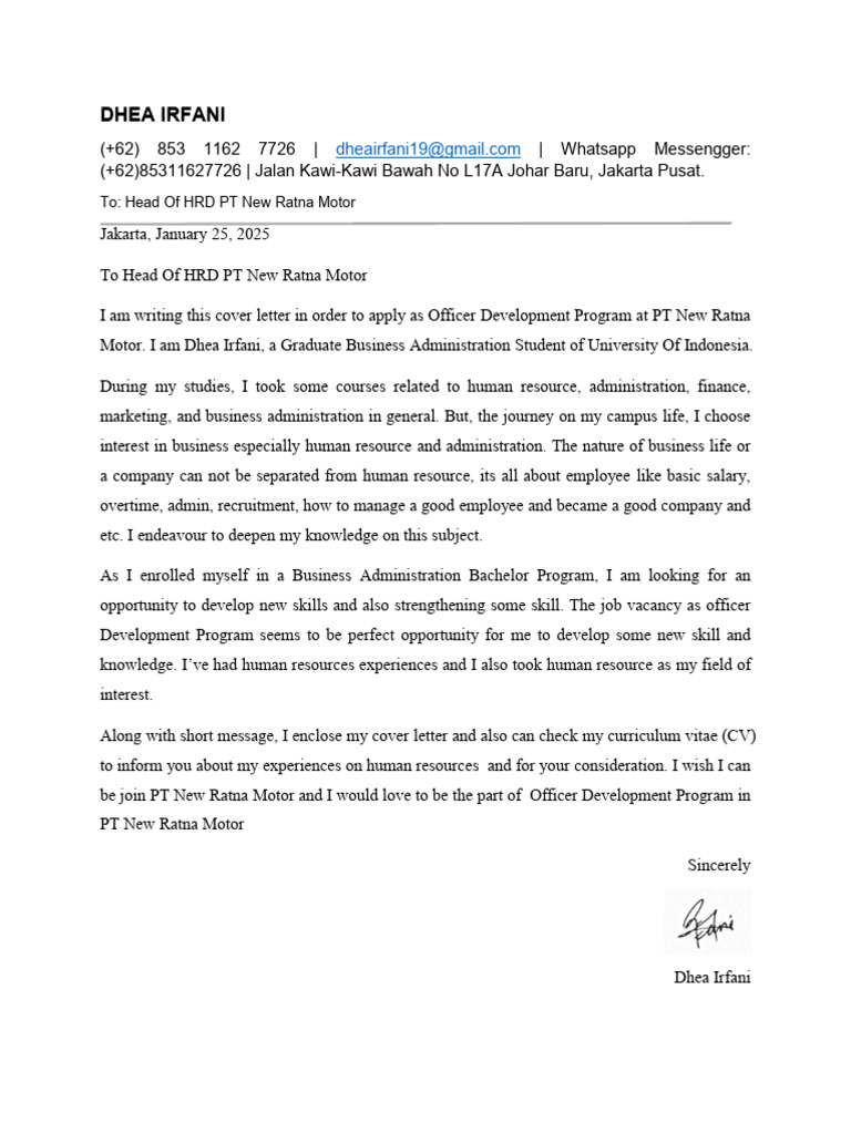 Application Letter Dhea Irfani For New Ratna | PDF