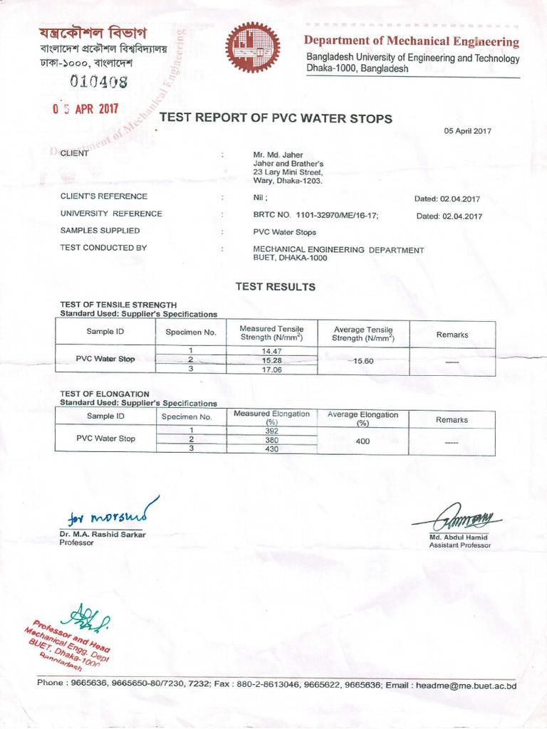 PVC Water Stopper BUET Test Report | PDF