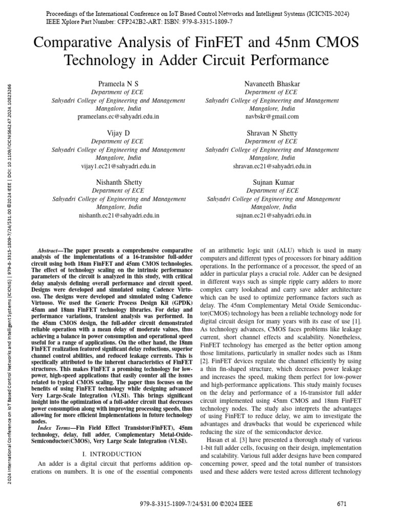 Comparative Analysis of FinFET and 45nm CMOS Technology in Adder Circuit Performance | PDF ...