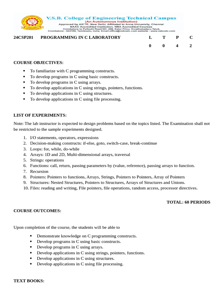 24csp201programming In C Laboratoryltpc Pdf Pointer Computer 4995