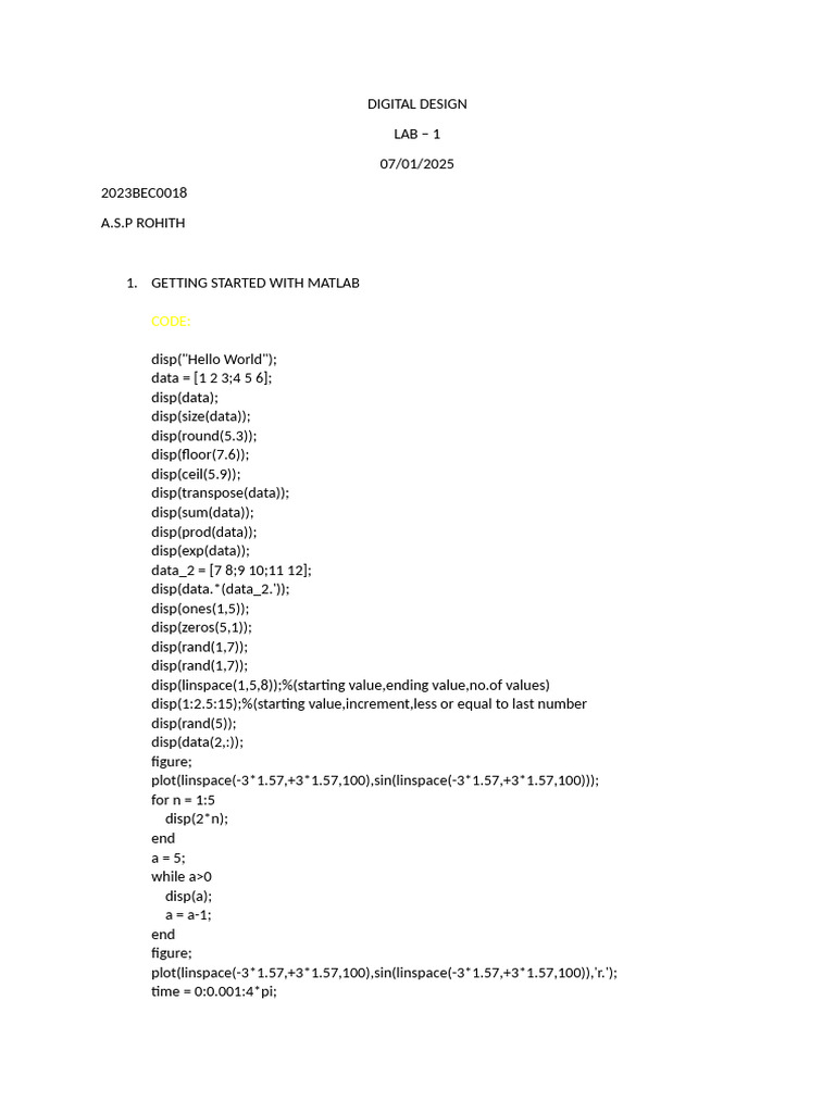 Digital Design - Lab 1 | PDF